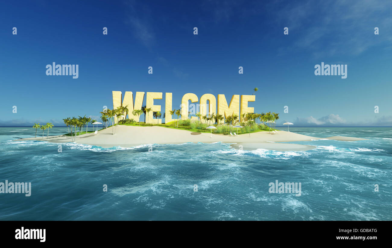 render word welcome made of sand on tropical paradise island with palm ...