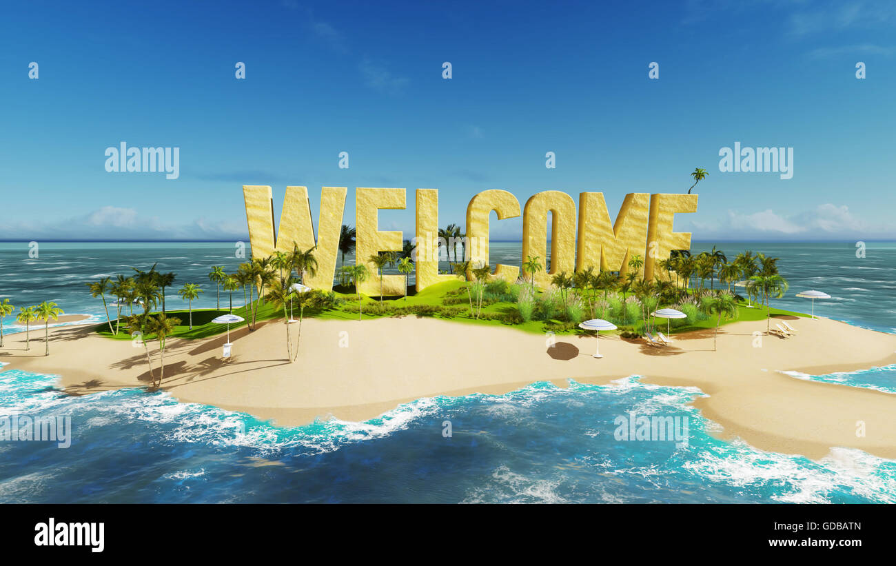 render word welcome made of sand on tropical paradise island with palm ...