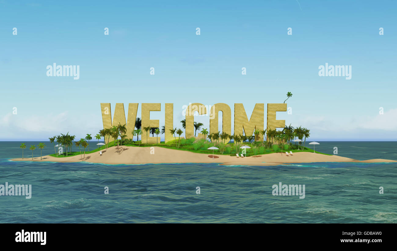 render word welcome made of sand on tropical paradise island with palm ...