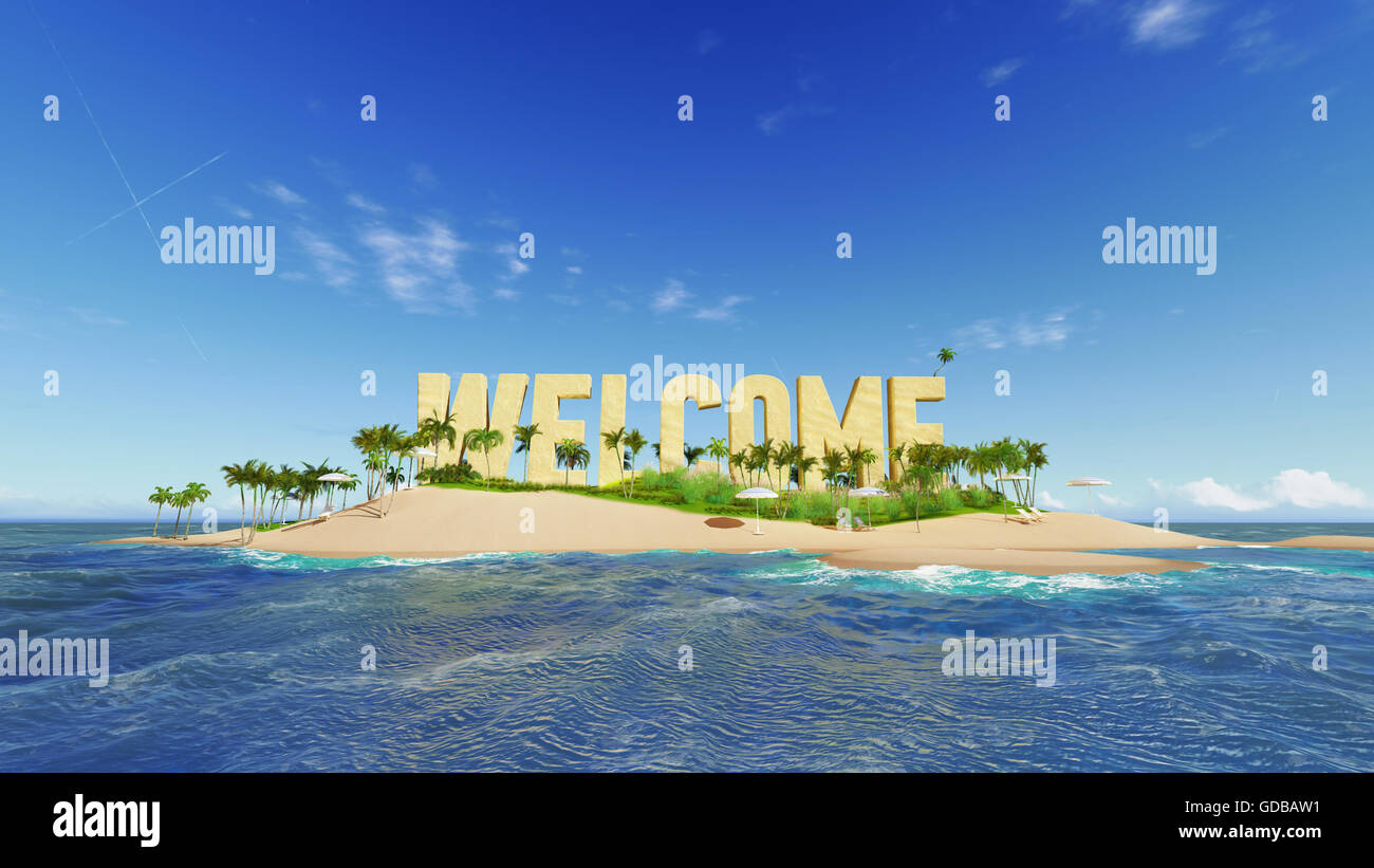 render word welcome made of sand on tropical paradise island with palm ...