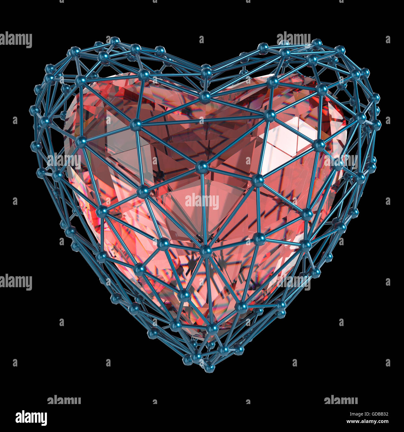 crystal low poly shiny heart in atom array -shaped cage. Wedding and ...