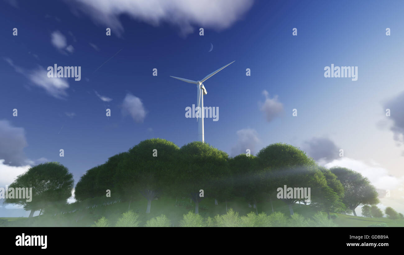 windmill power generator ontop of the hill covered with trees, against deep blue sky. rendering ...