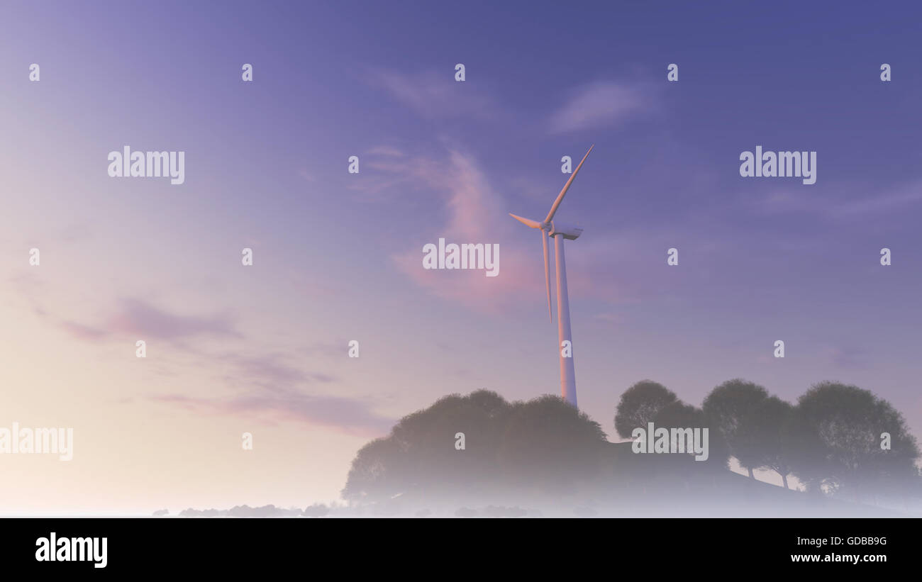 windmill power generator ontop of the hill covered with trees, against deep blue sky. rendering ...