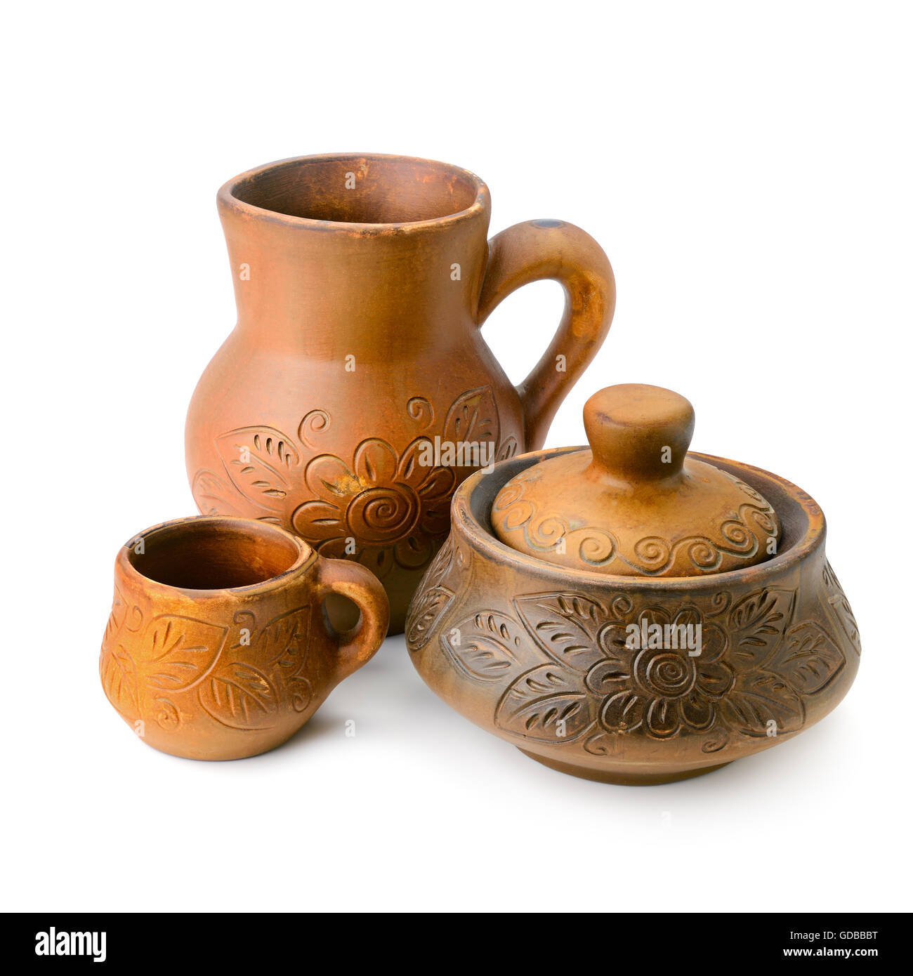 Jug, pot and cup. Pottery isolated on white background Stock Photo - Alamy