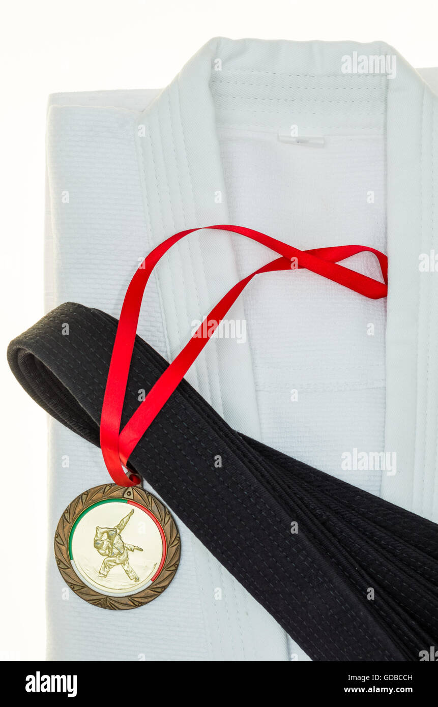 Black belt in martial arts, and a part of judo uniform and medal Stock ...