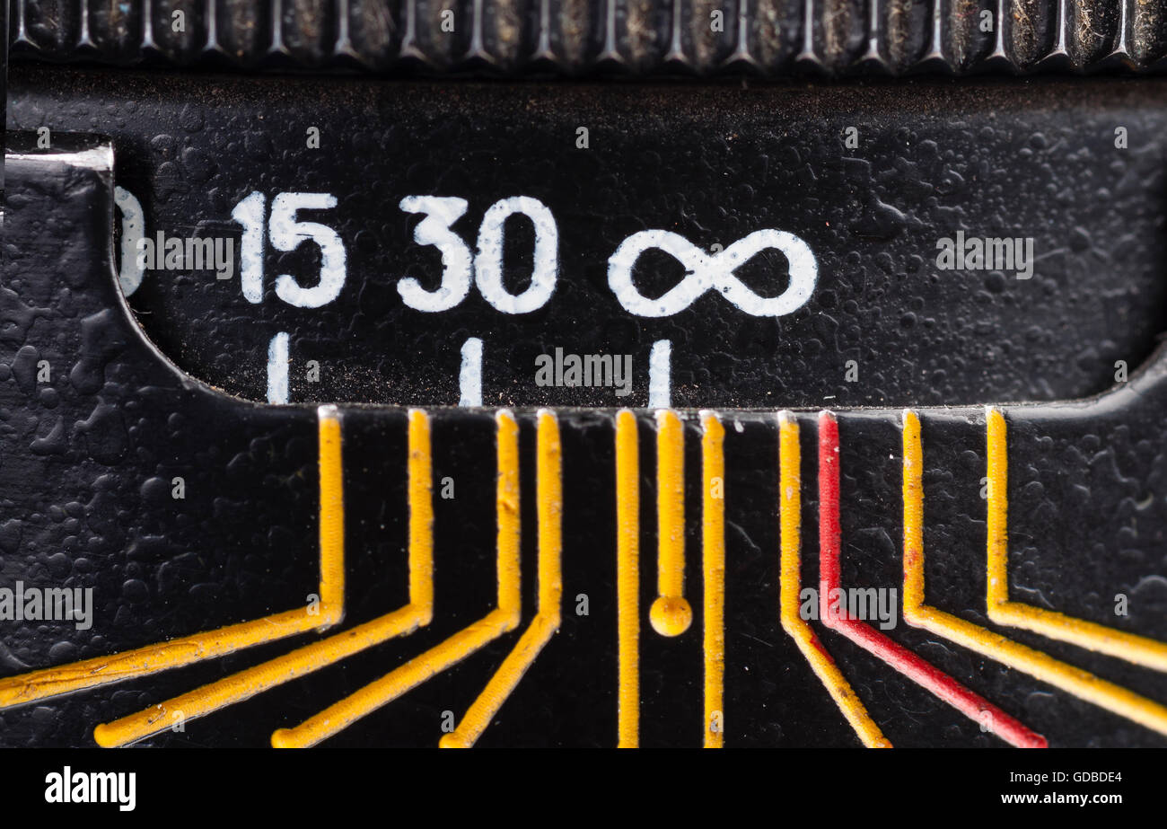 The distance scale on the old lens to the infinity mark macro Stock ...