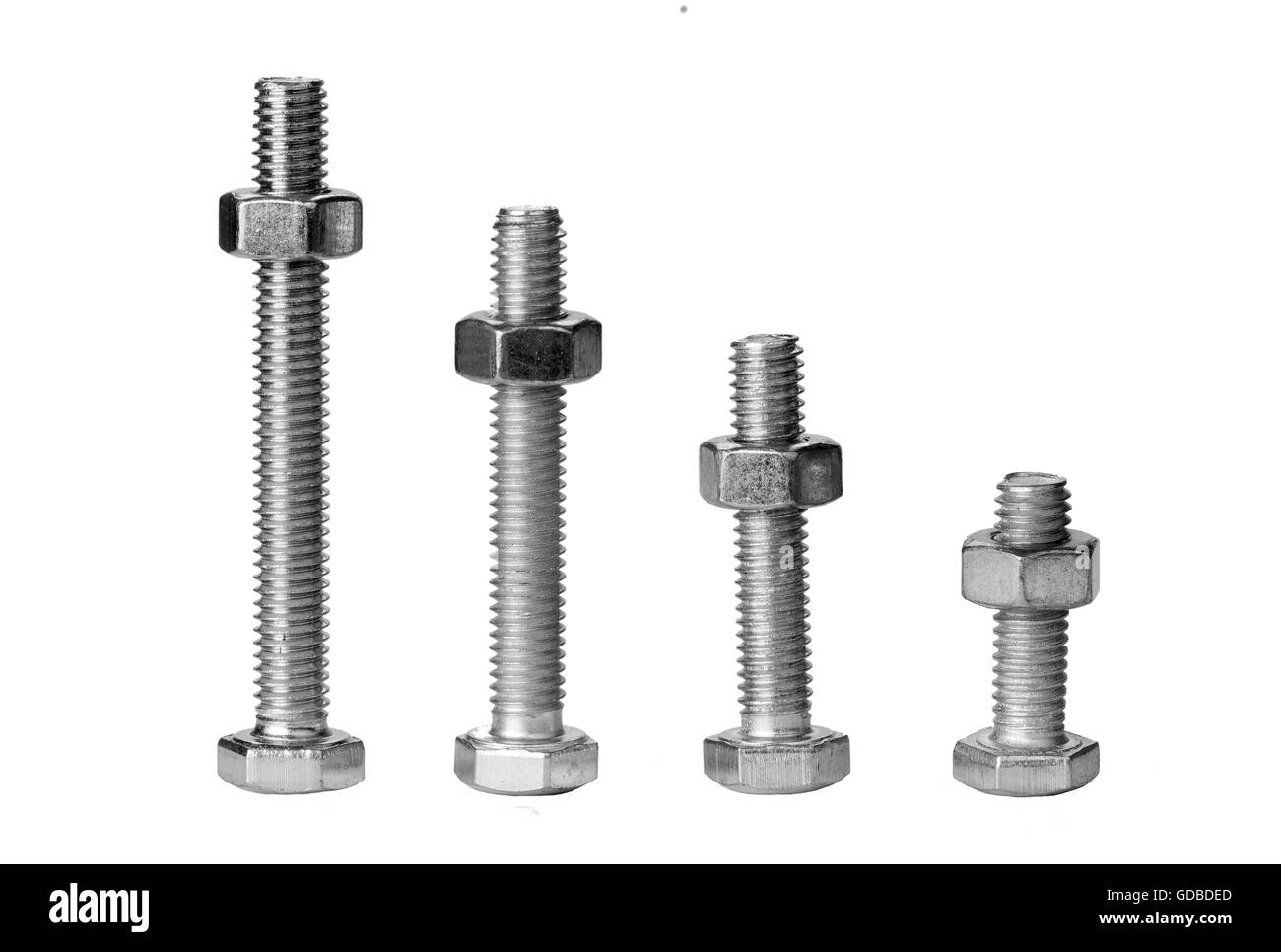 The different length bolts with nuts on white isolated Stock Photo - Alamy