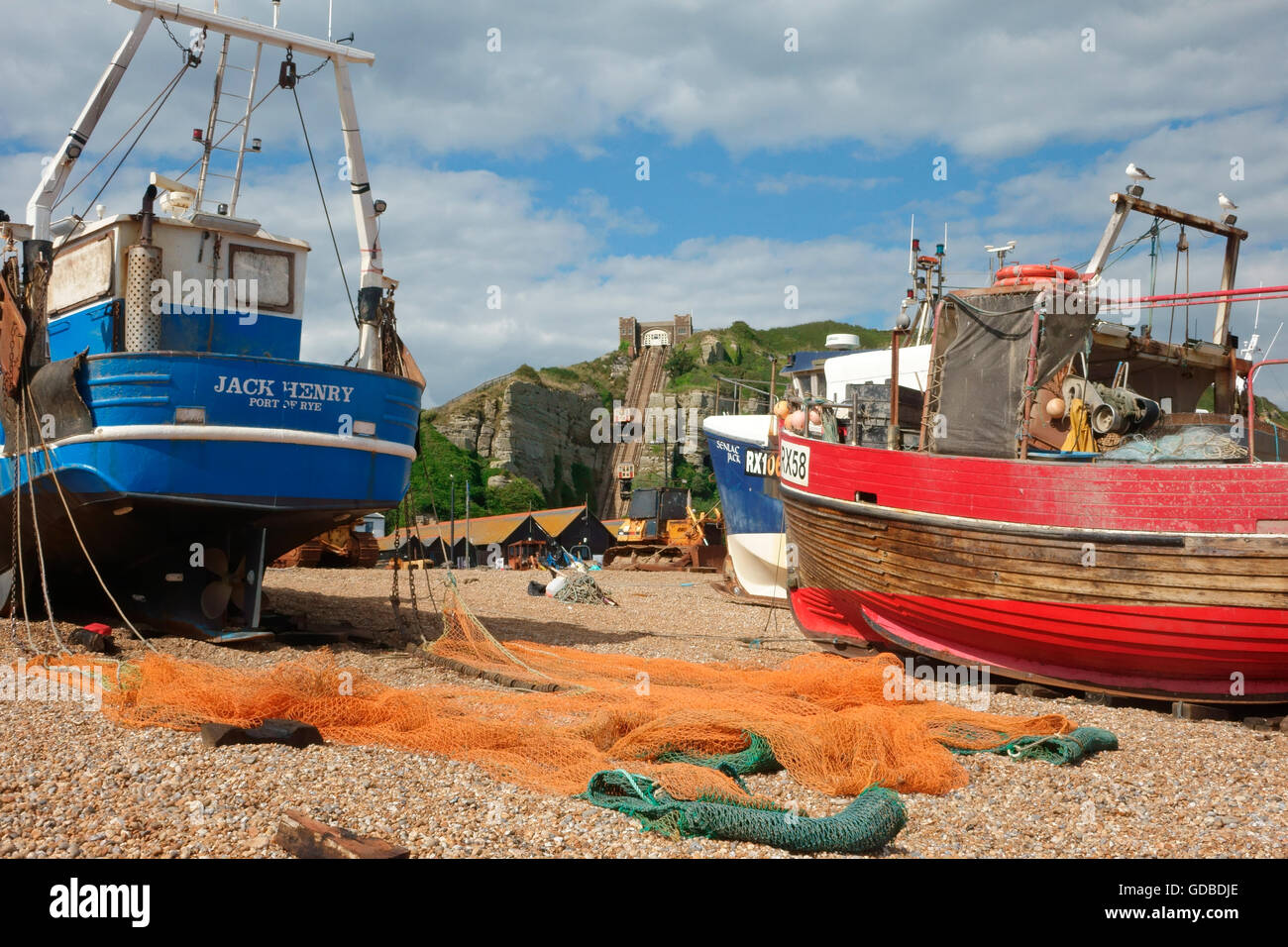 Hastings fishing boats and nets drying on the Stade fishermen's beach ...