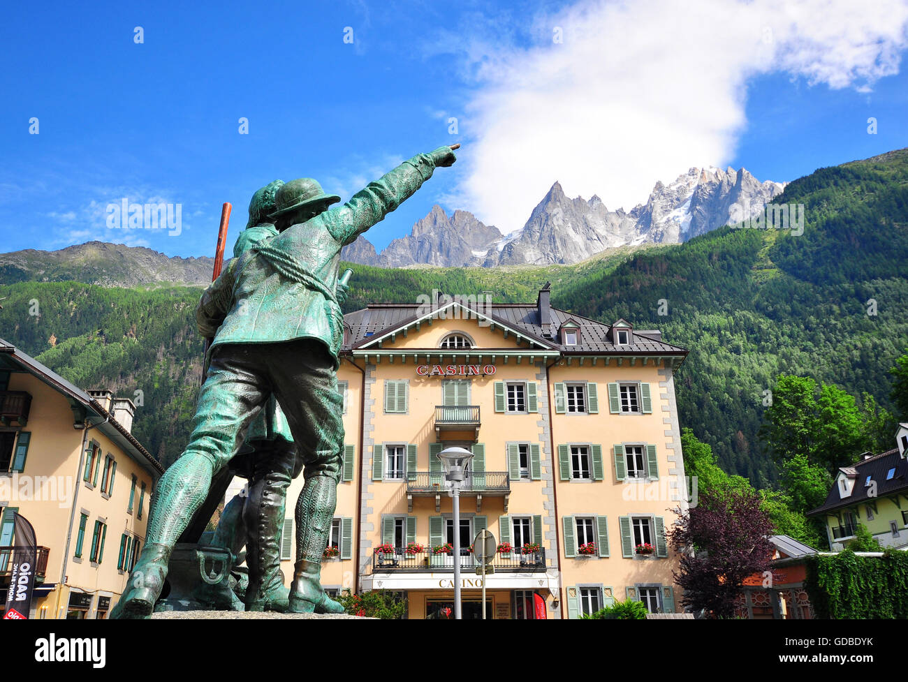 CHAMONIX, FRANCE - JULY 31: Monument on the central square of Chamonix ...