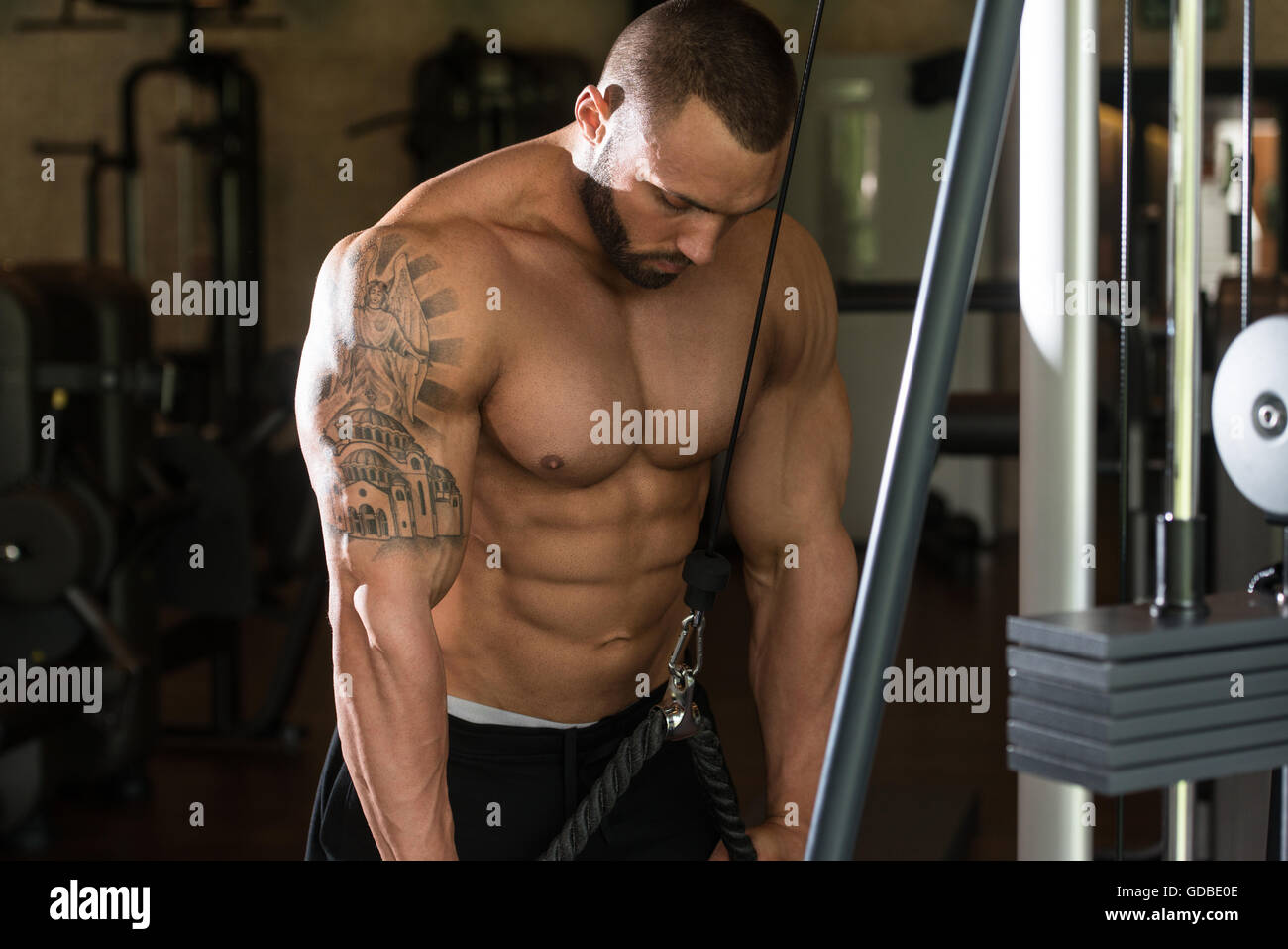 Big Man In The Gym Is Exercising Tricpes On Machine - Muscular Athletic ...