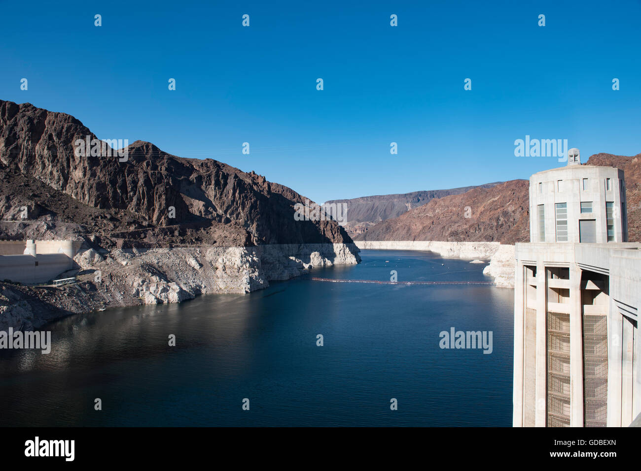 Lake Mead at Hoover Dam; note low water level, image taken April 2016 ...