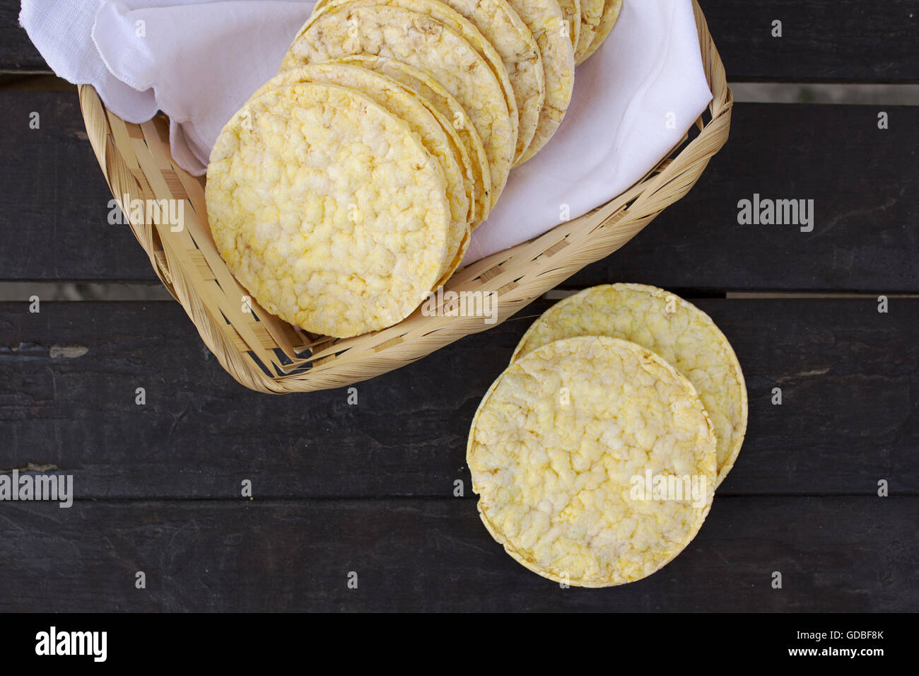 Crunchy round puffed corn cakes snacks on rustic background Stock Photo ...