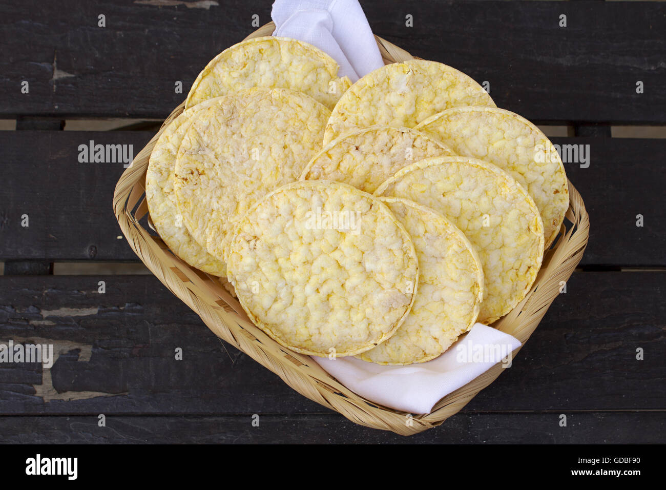 Crunchy round puffed corn cakes snacks on rustic background Stock Photo ...