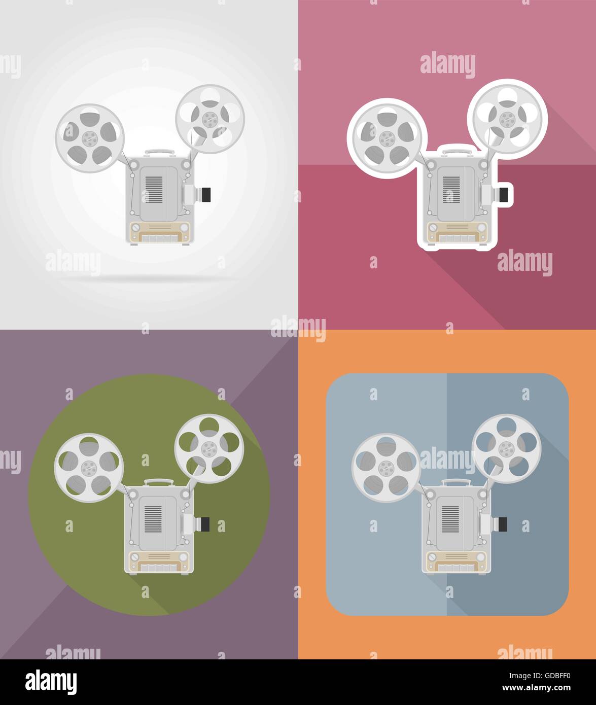 old retro vintage movie film projector flat icons vector illustration ...