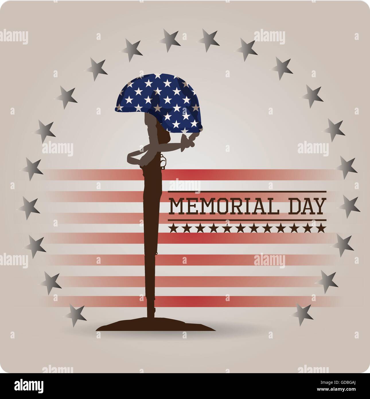 Military helm hold by a gun on a colored background with text and stars ...