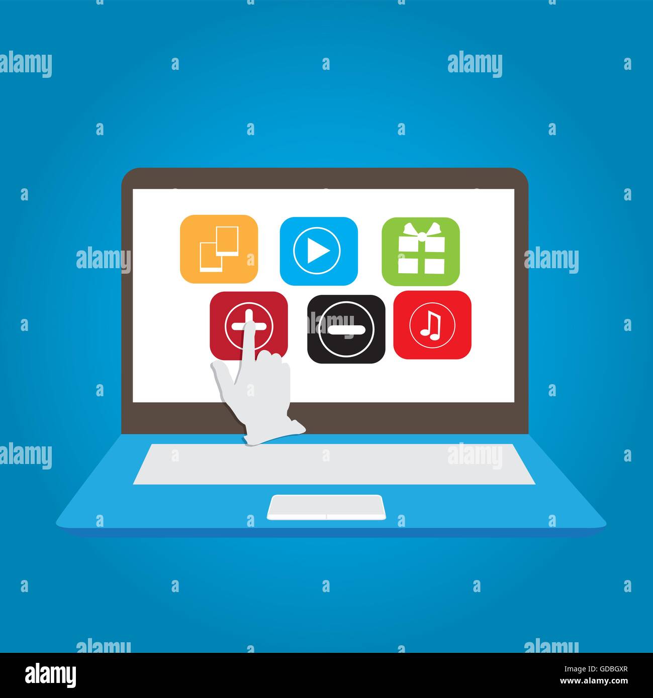 Isolated computer with different app icons on a blue background Stock ...