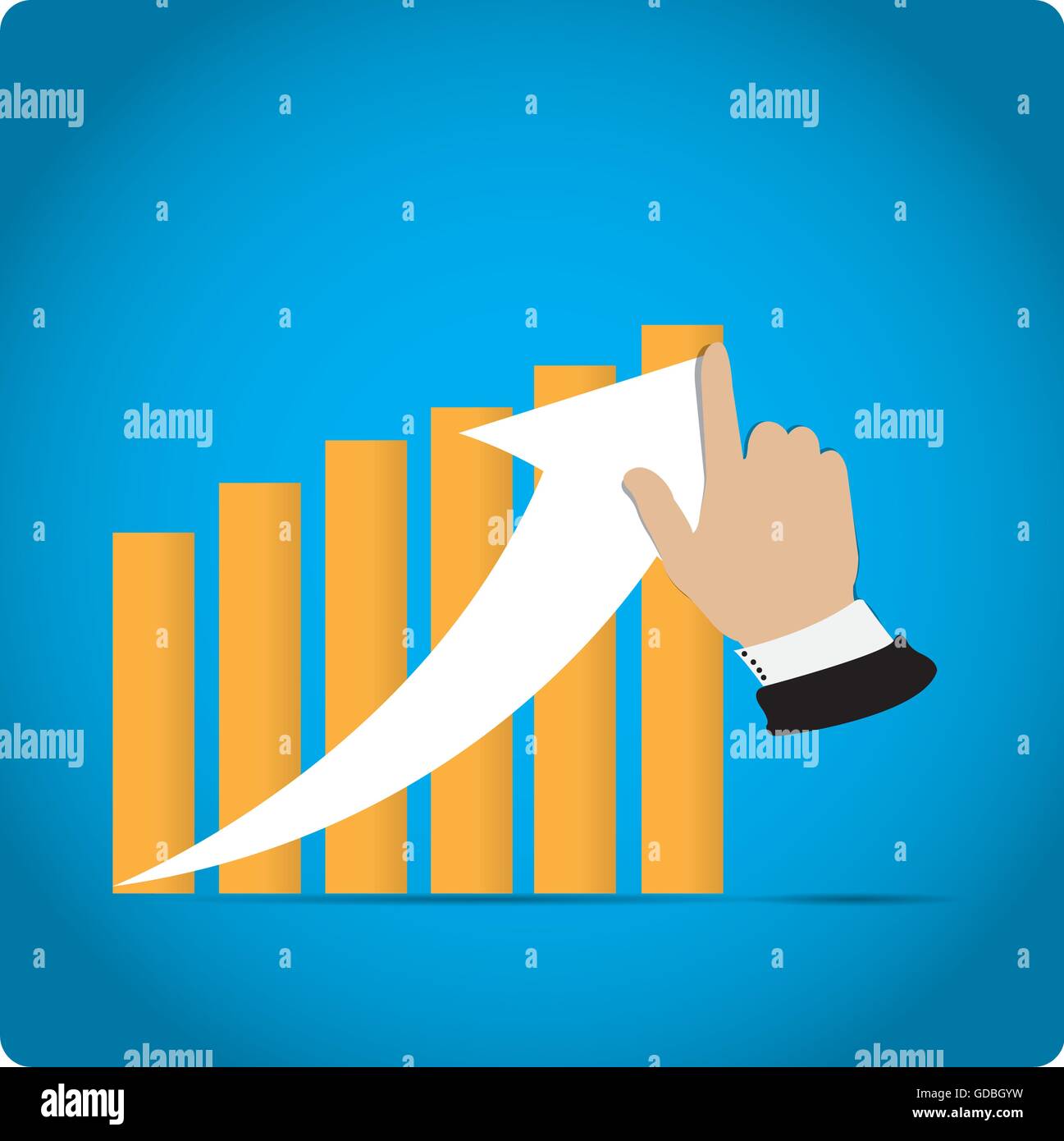 Blue background with a profit graph and a hand with an arrow Stock ...