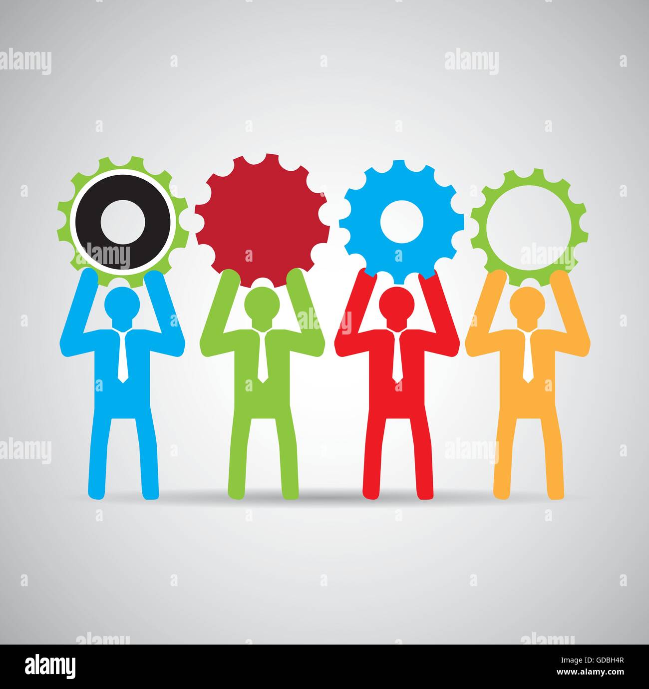 Group of people holding pieces of gear on a grey background Stock ...