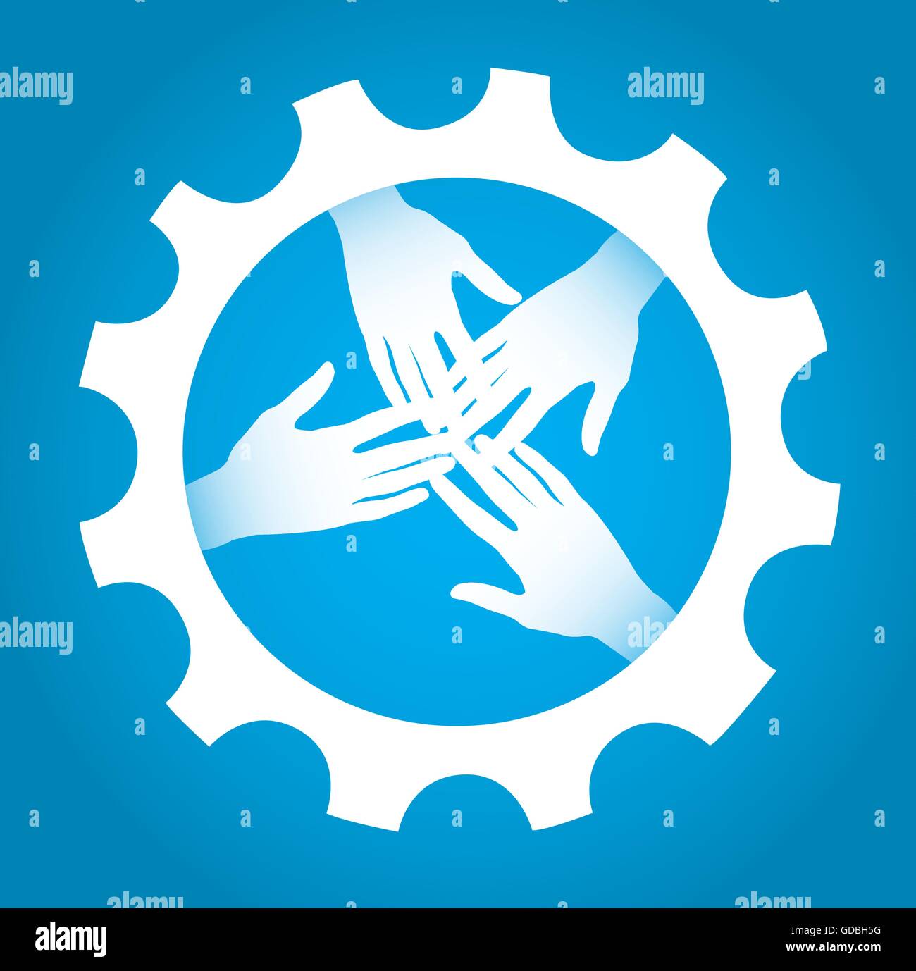 Isolated gear with a group of hands on a blue background Stock Vector ...