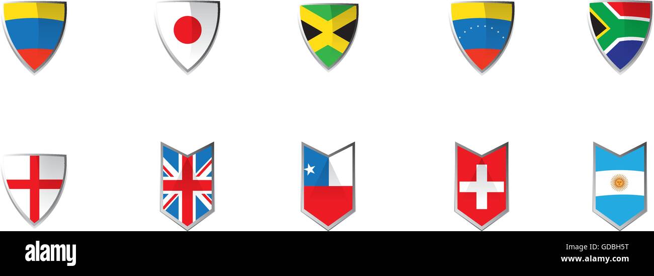 A set of geometric badges with different world flags on a white ...