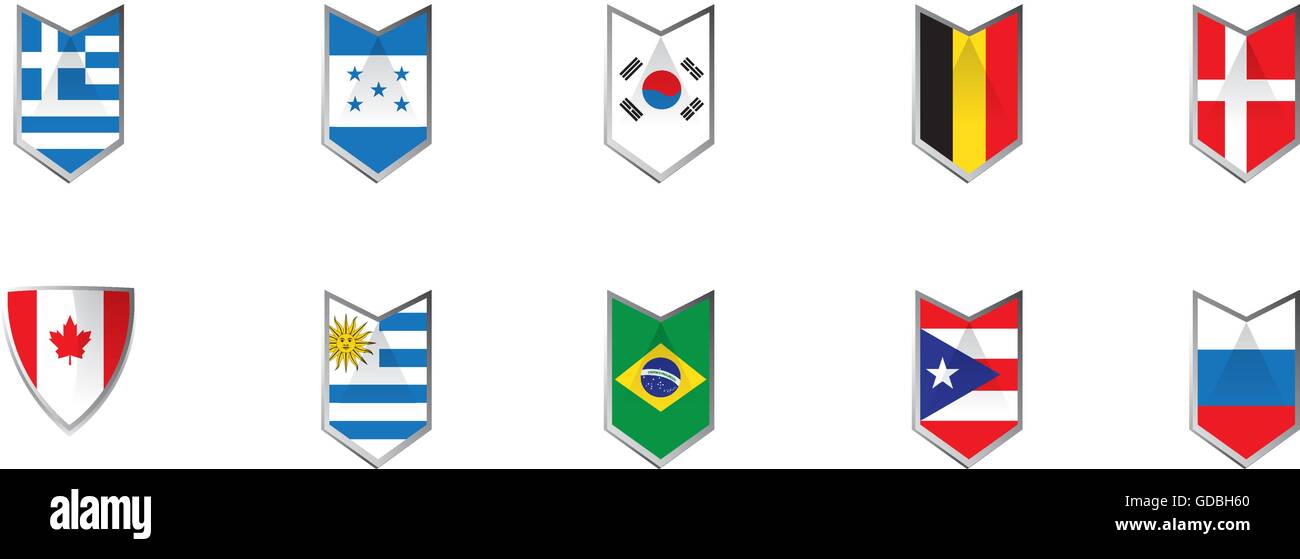 A set of geometric badges with different world flags on a white ...
