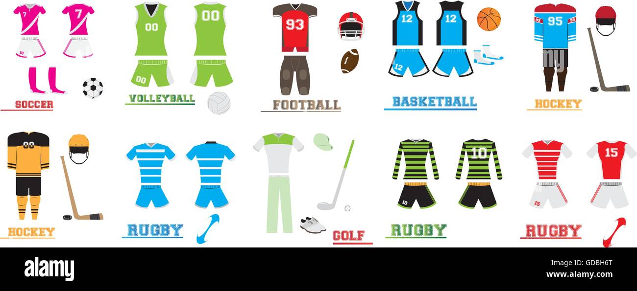 Set of different sport uniforms with different sport balls on a white ...