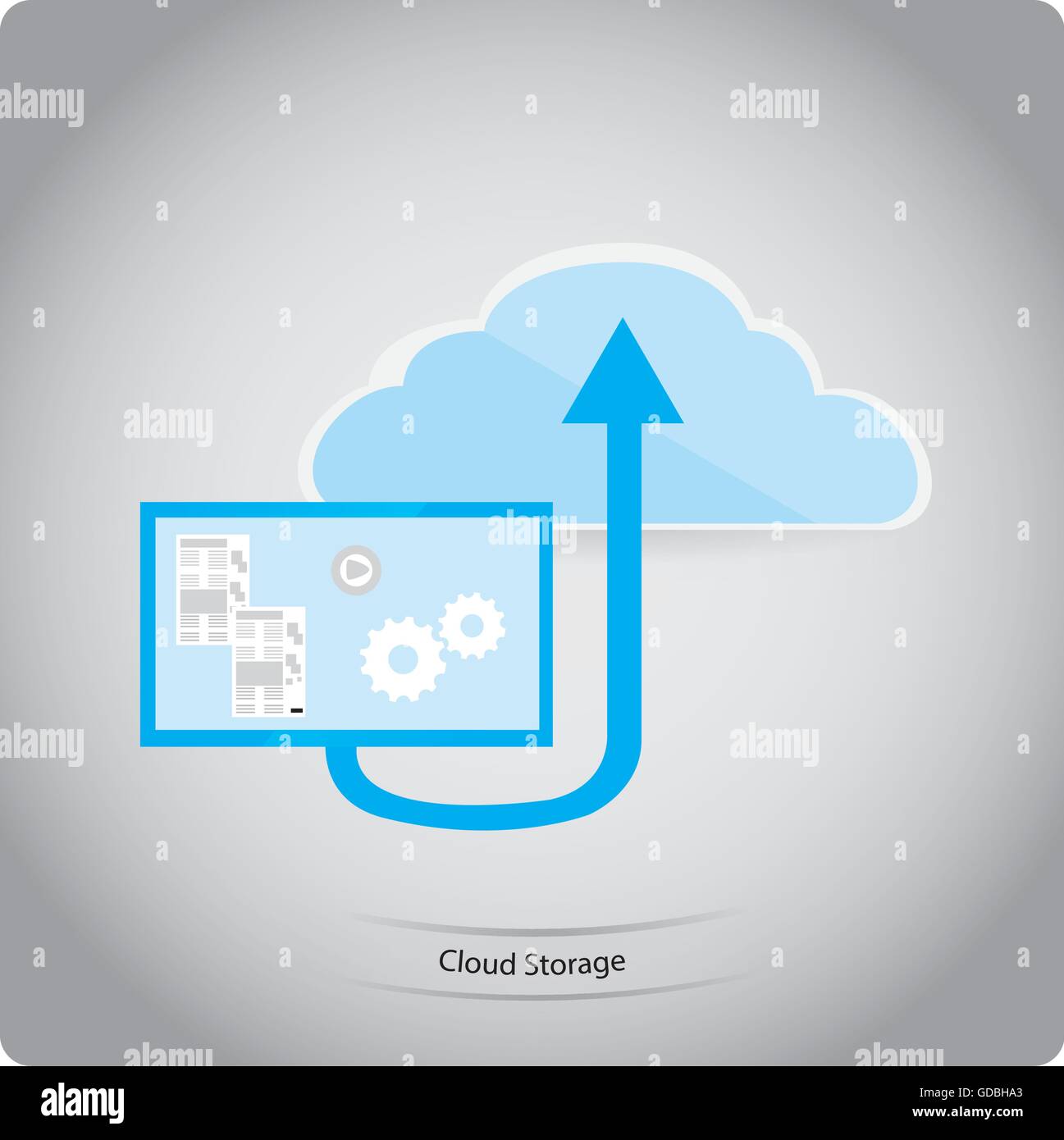 Isolated blue cloud and a pc monitor with gears on a grey background ...