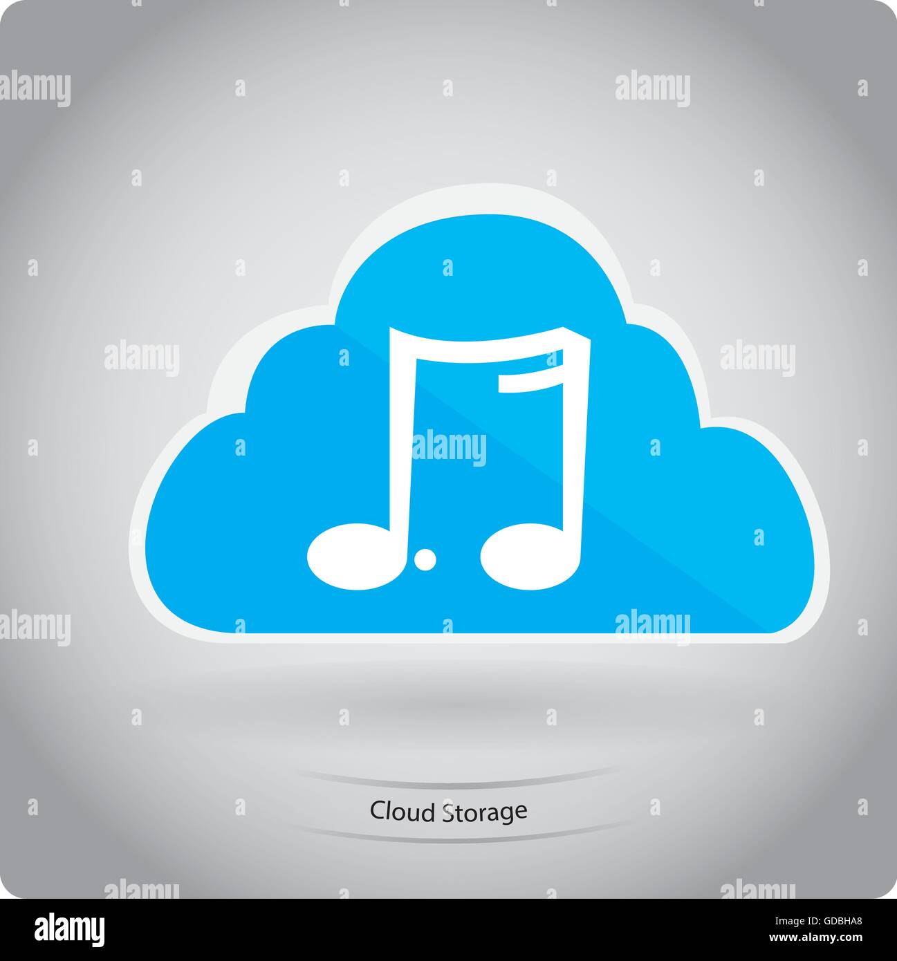 Isolated blue cloud with text and a musical note on a grey background ...