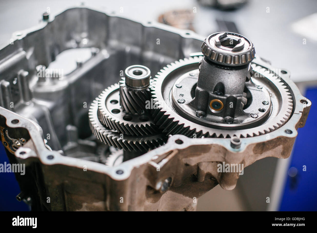 Cross-section of a car gearbox. mechanics work in the garage Stock ...