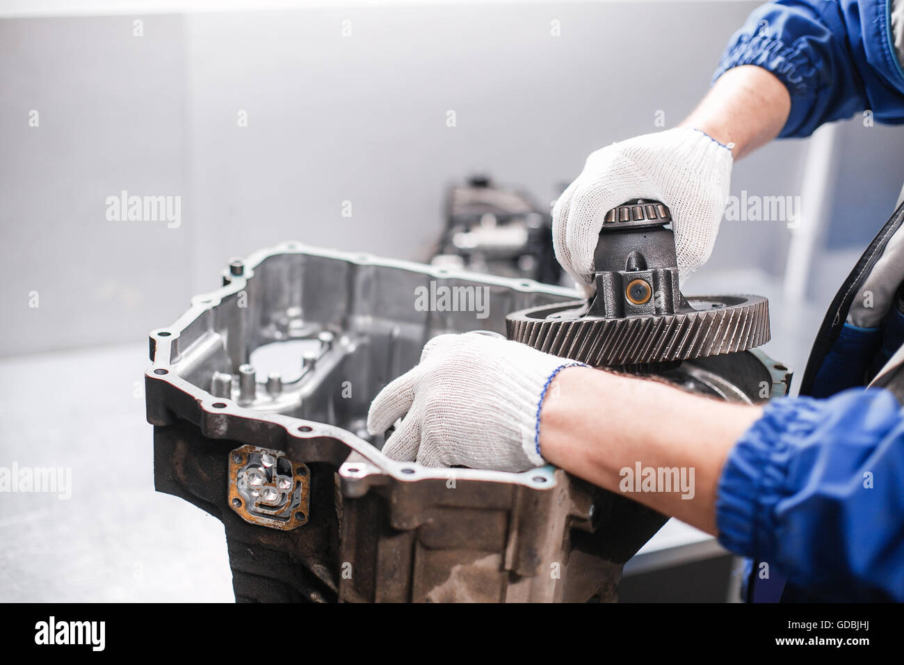 Cross-section of a car gearbox. mechanics work in the garage Stock ...