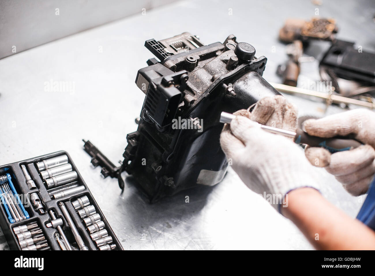 Cross-section of a car gearbox. mechanics work in the garage Stock ...