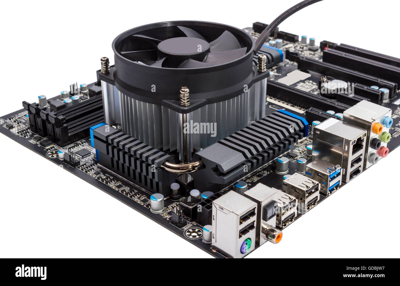 Computer motherboard isolated on white background with CPU cooler Stock ...