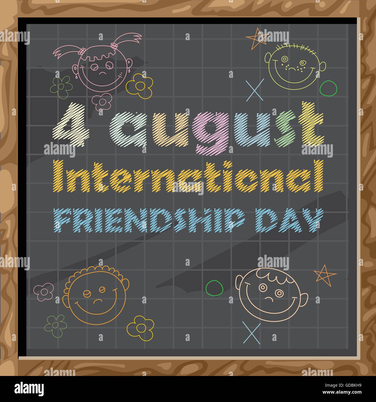 Happy friendship day card. 4 August. Hand drawn text and icons with ...