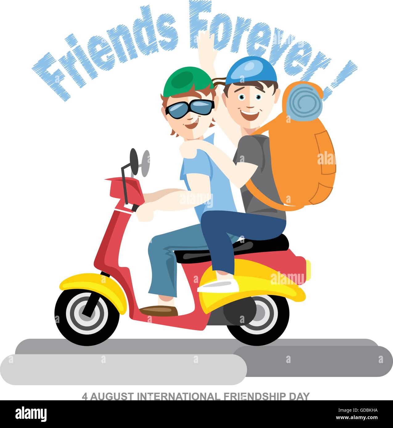 Happy friendship day card. 4 August. Best friends riding a red ...