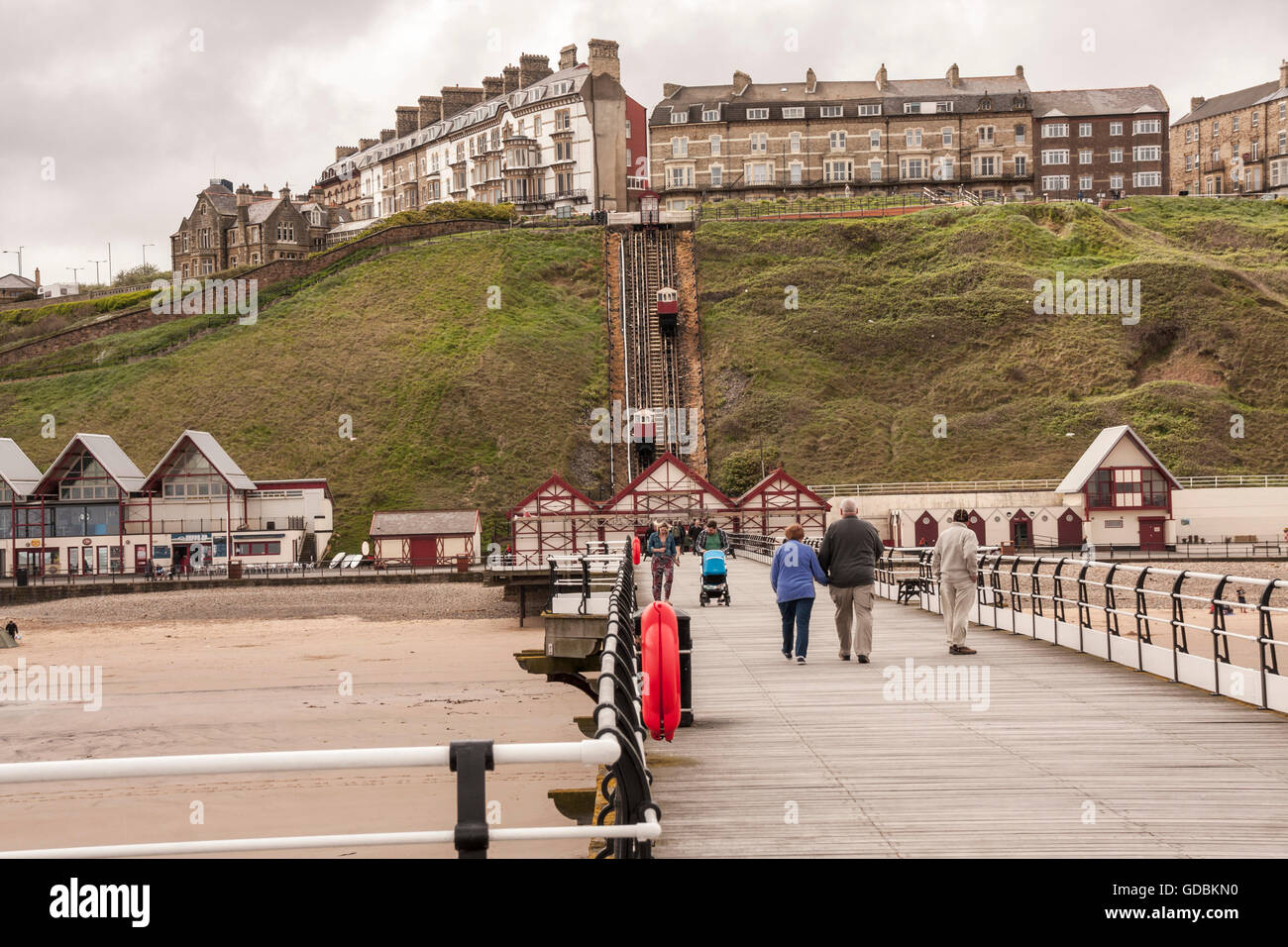 A view from the pier at Saltburn by the Sea showing the cliff top ...