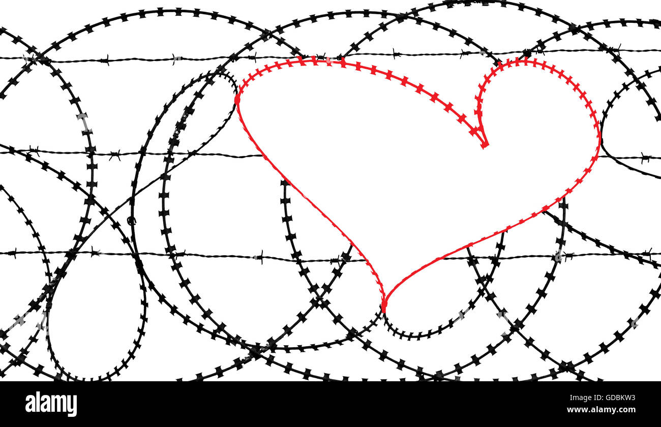 Natural heart shape in a barbed wire fence on white background. Freedom ...
