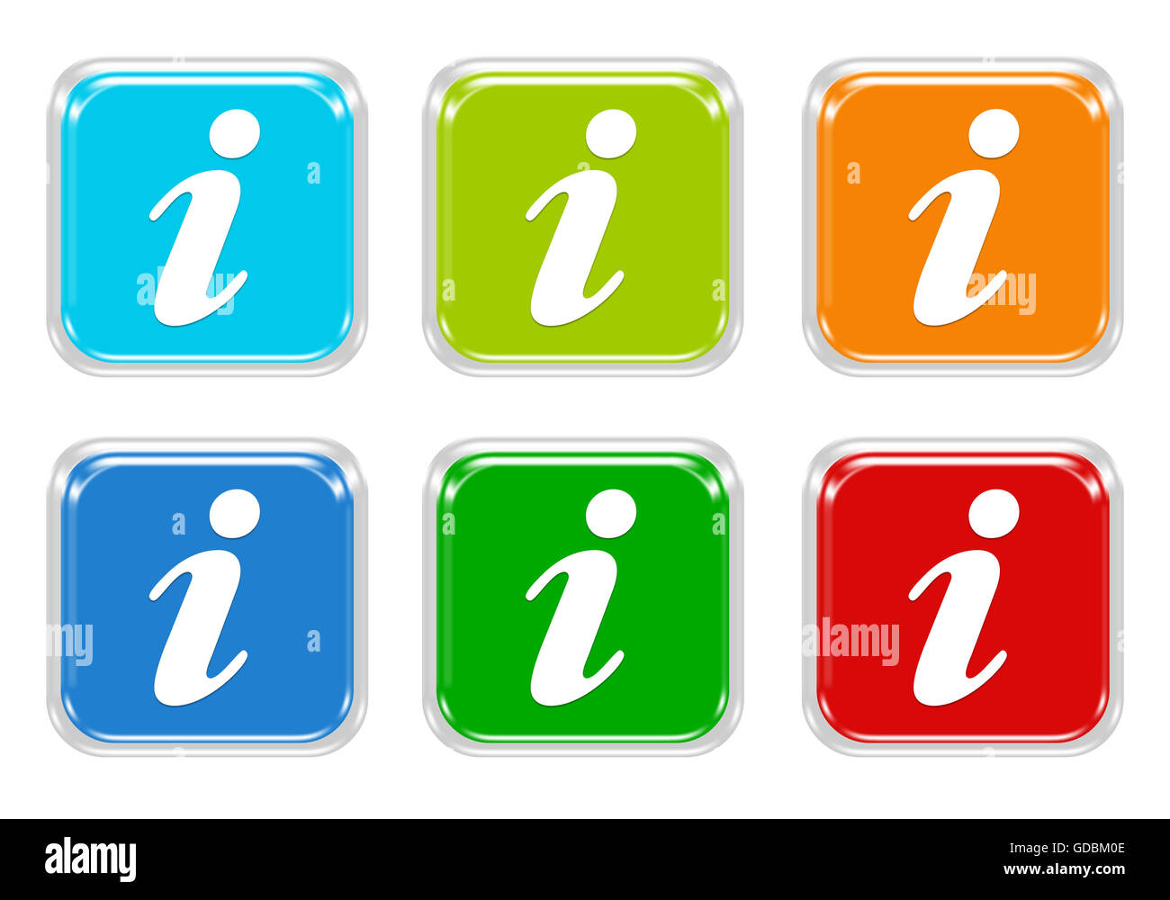 Set of squared colorful buttons with information symbol in blue, green ...
