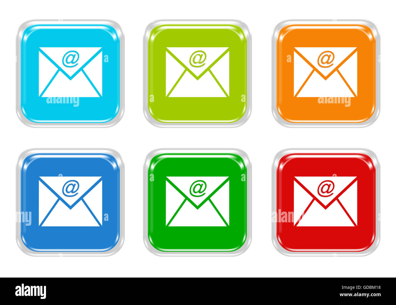 Set of squared colorful buttons with email symbol in blue, green, red ...