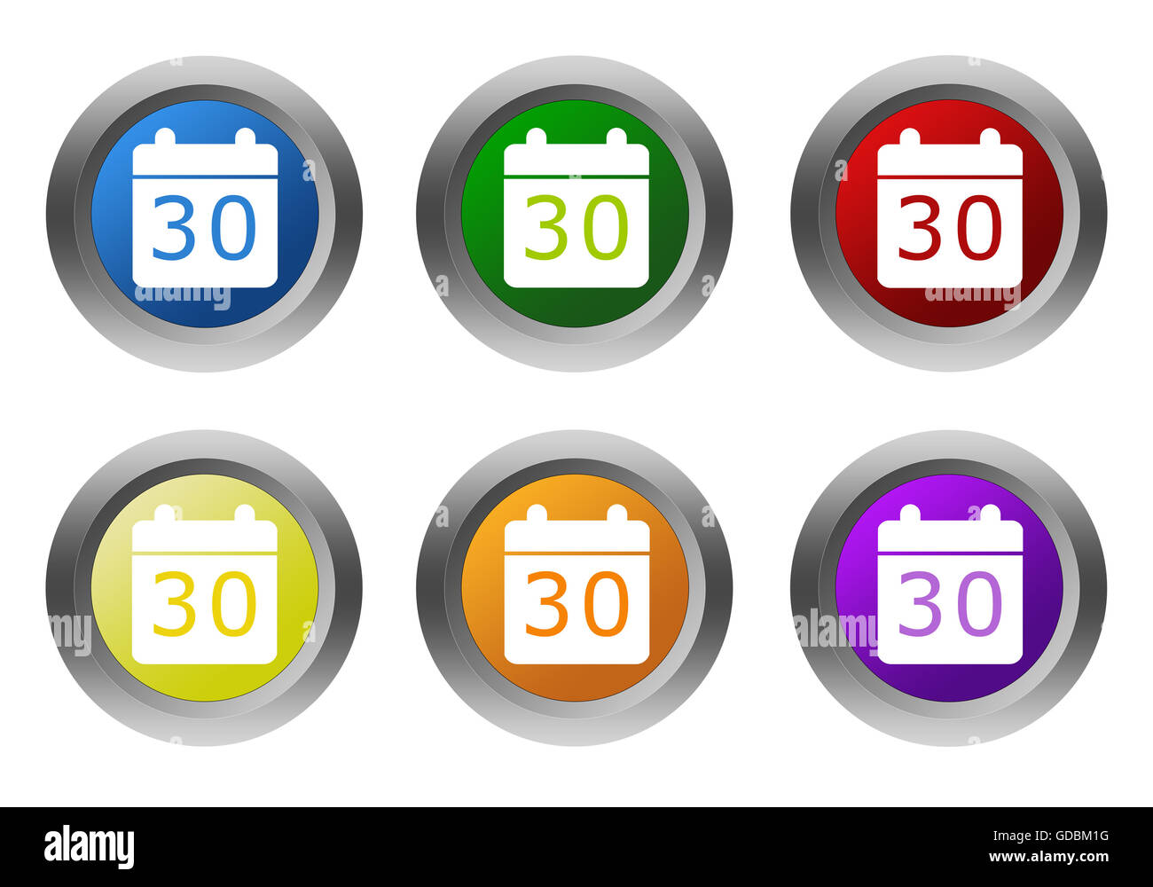 Set of rounded buttons with calendar symbol in blue, green, yellow ...