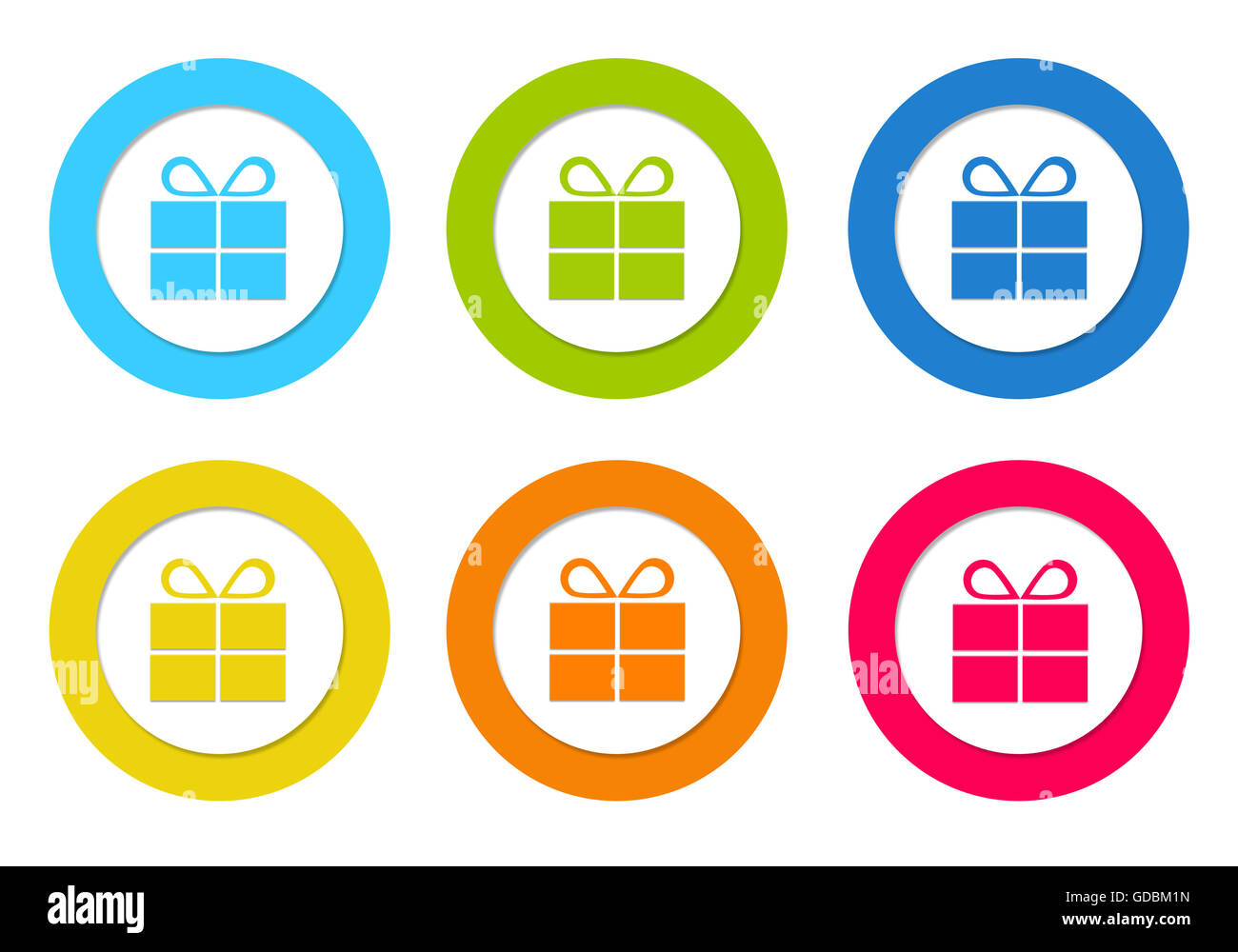 Set of rounded colorful buttons with gift symbol in blue, green, yellow ...
