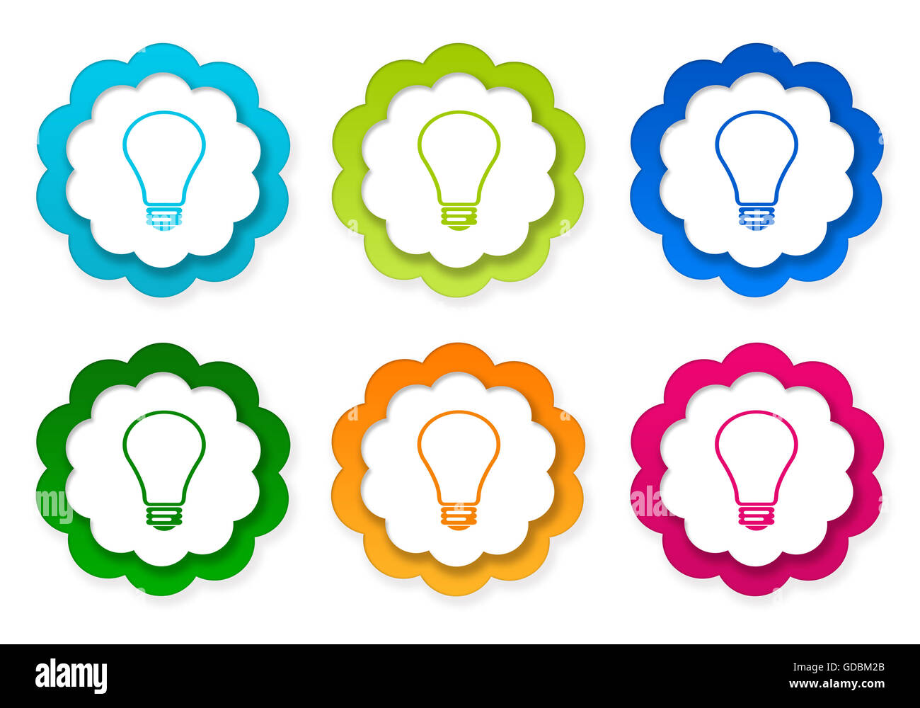 Set of colorful stickers icons with light bulb symbol in blue, green ...