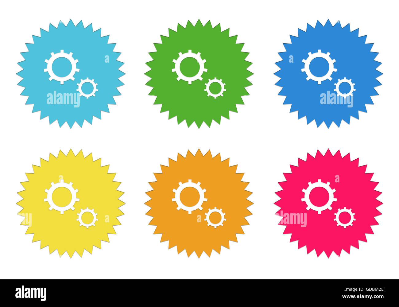 Set of colorful stickers icons with gears symbol in blue, green, yellow ...