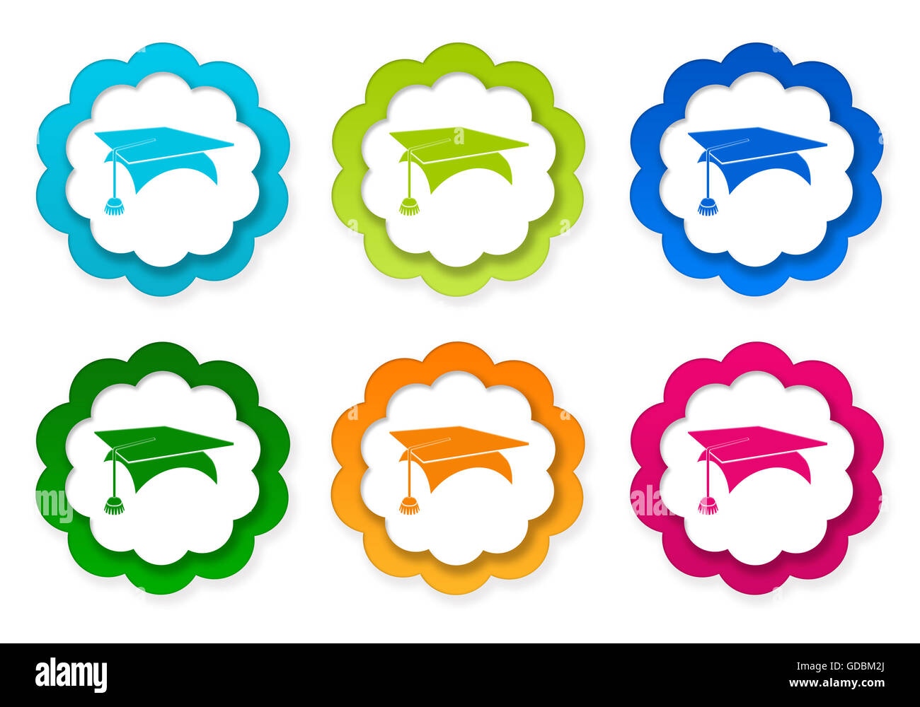 Set of colorful stickers icons with graduation symbol in blue, green ...