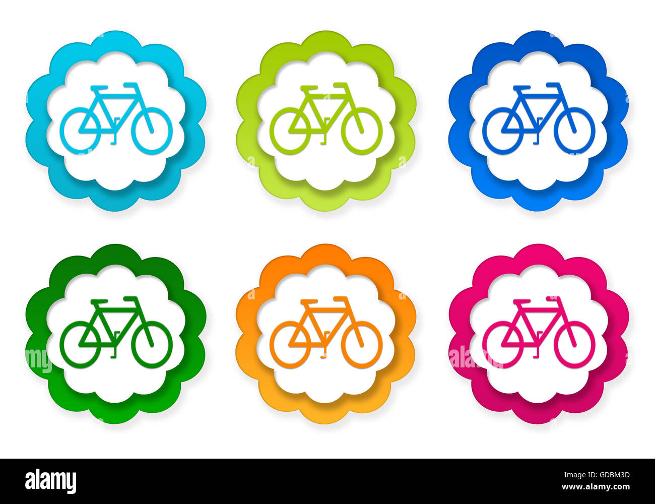 Set of colorful stickers icons with bicycle symbol in blue, green, pink ...