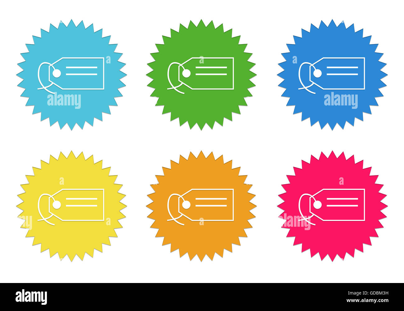 Set of colorful stickers icons with label symbol in blue, green, yellow ...