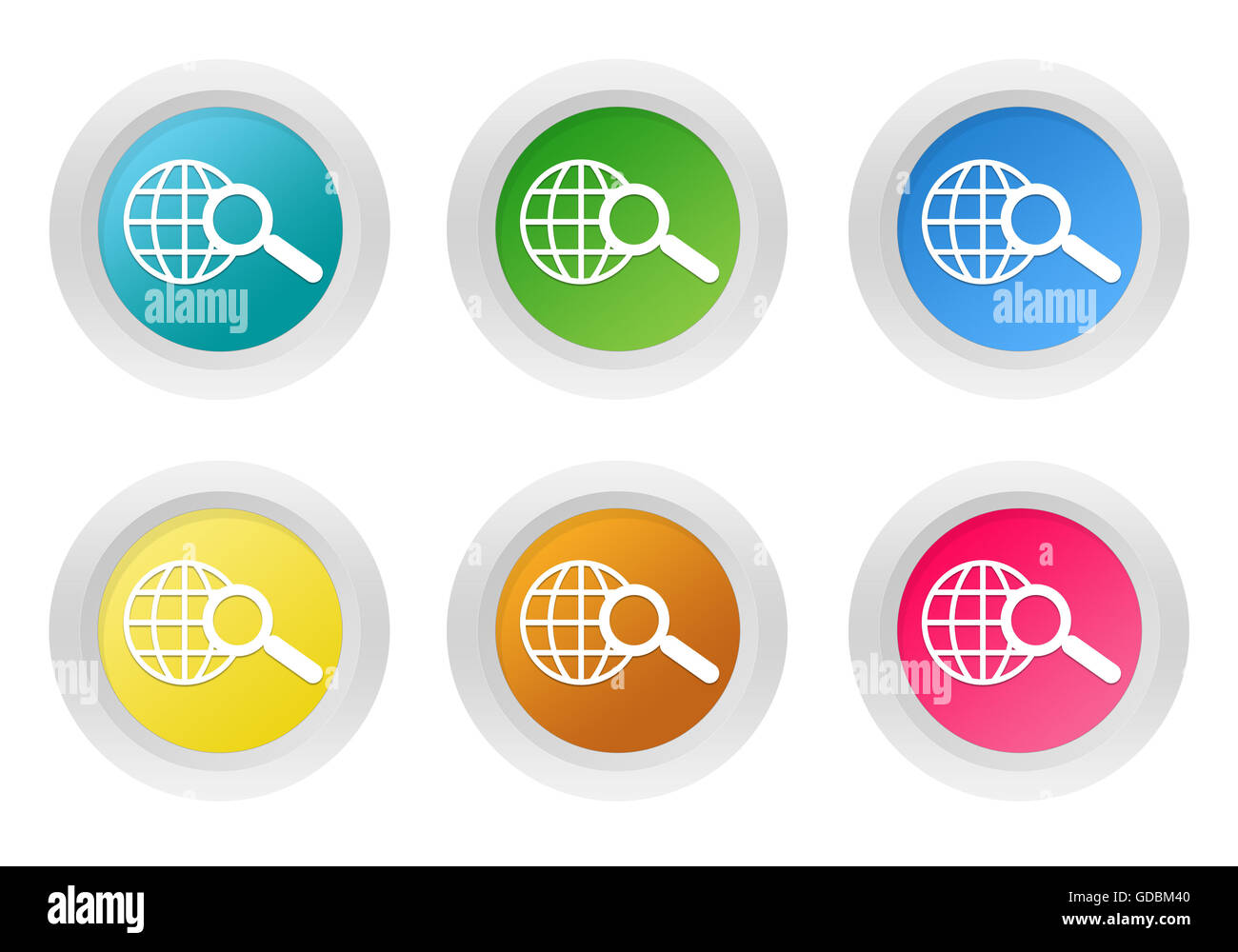 Set of rounded colorful icons with search symbol in blue, green, yellow ...
