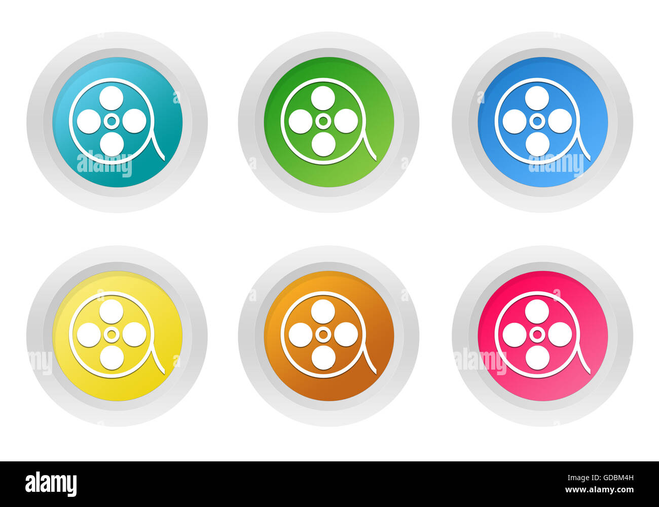 Set of rounded buttons with movie symbol in blue, green, yellow, orange ...