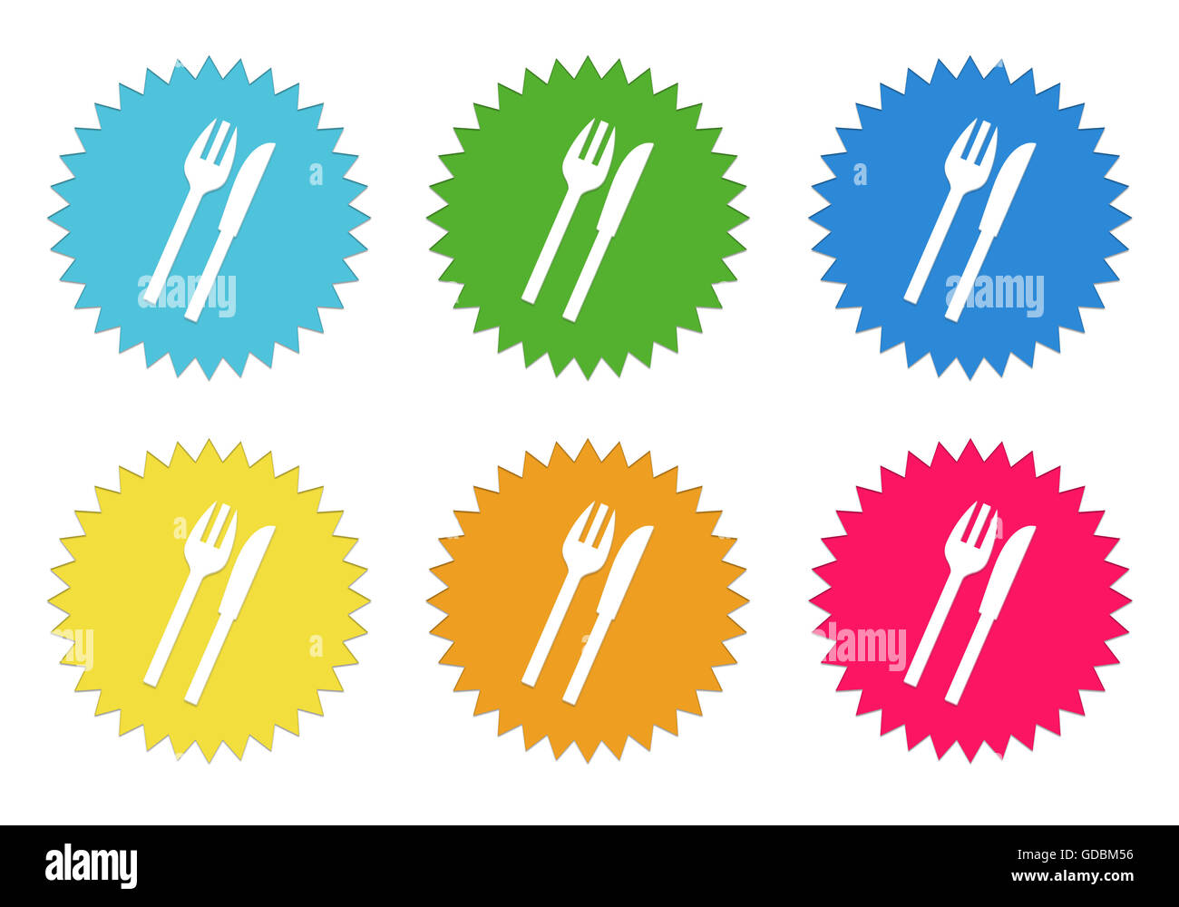 Set of colorful stickers icons with restaurant symbol in blue, green ...
