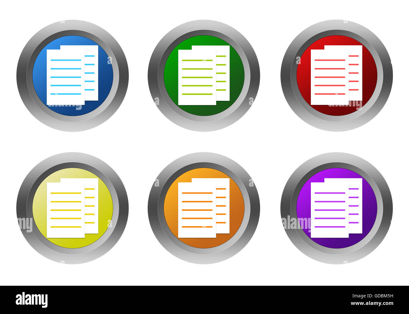 Colorful rounded buttons with documents or news symbol in blue, green ...