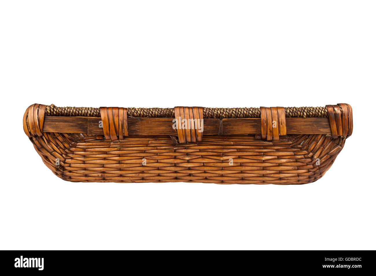 Side view of a rectangular wooden empty basket isolated on white ...